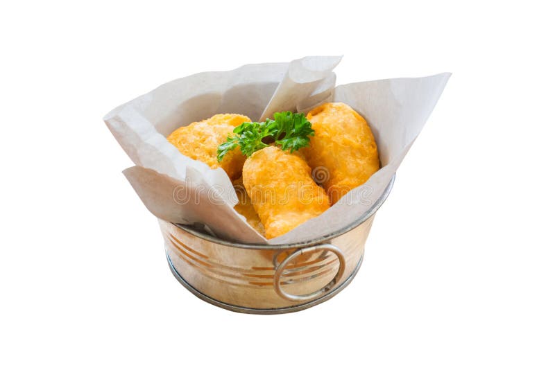 Deep Fried Chicken Nuggets On White Paper In Metal Bucket Isolated On White Background Stock