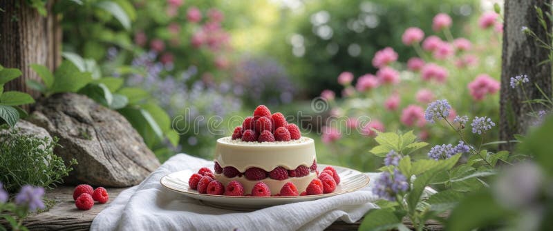 A Delicious Dessert Featuring Fresh Raspberries in a Beautiful Garden ...