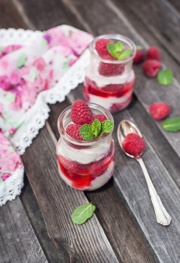 Delicious Dessert with Fresh Raspberry and Mint Stock Photo - Image of ...