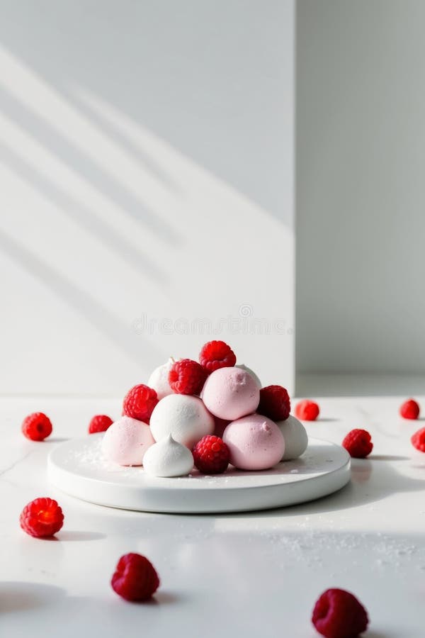 Delicious Dessert with Pink White Spheres and Raspberries. Stock Image ...
