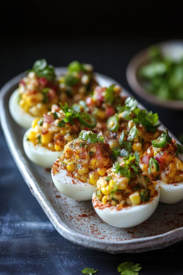 Delicious Deviled Eggs with Corn and Garnish for Party Snacks or ...