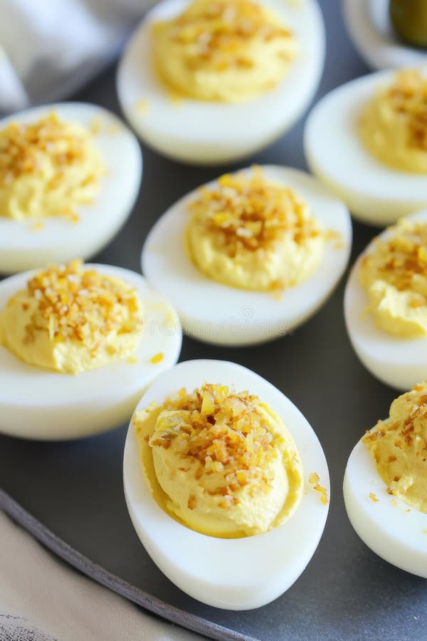 Delicious Deviled Eggs with Crispy Topping for Party Appetizers Stock ...