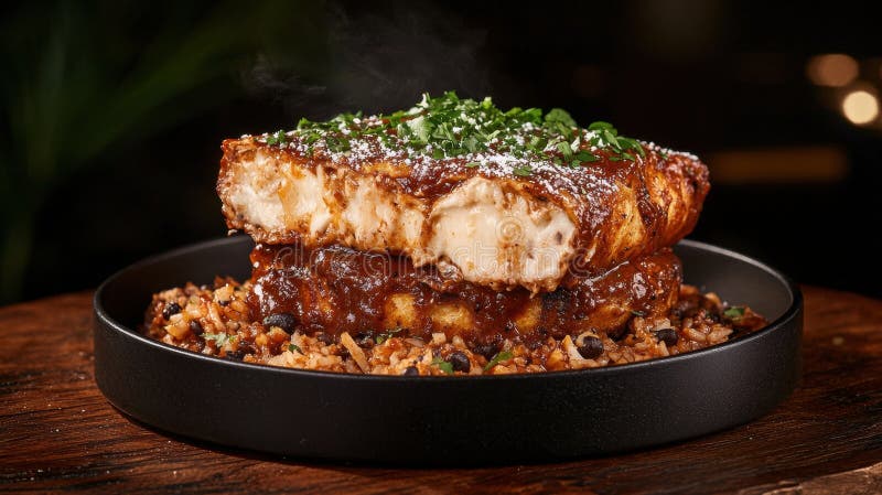 A Delicious Dish of Stacked Fish with Rice and Beans. Stock ...