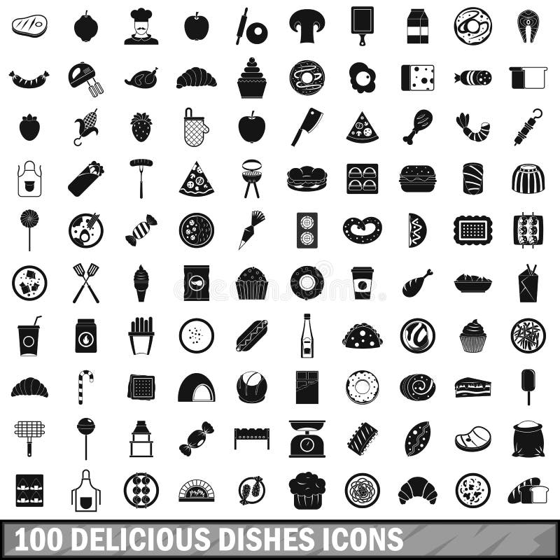 100 Delicious Dishes Icons Set, Simple Style Stock Vector ...
