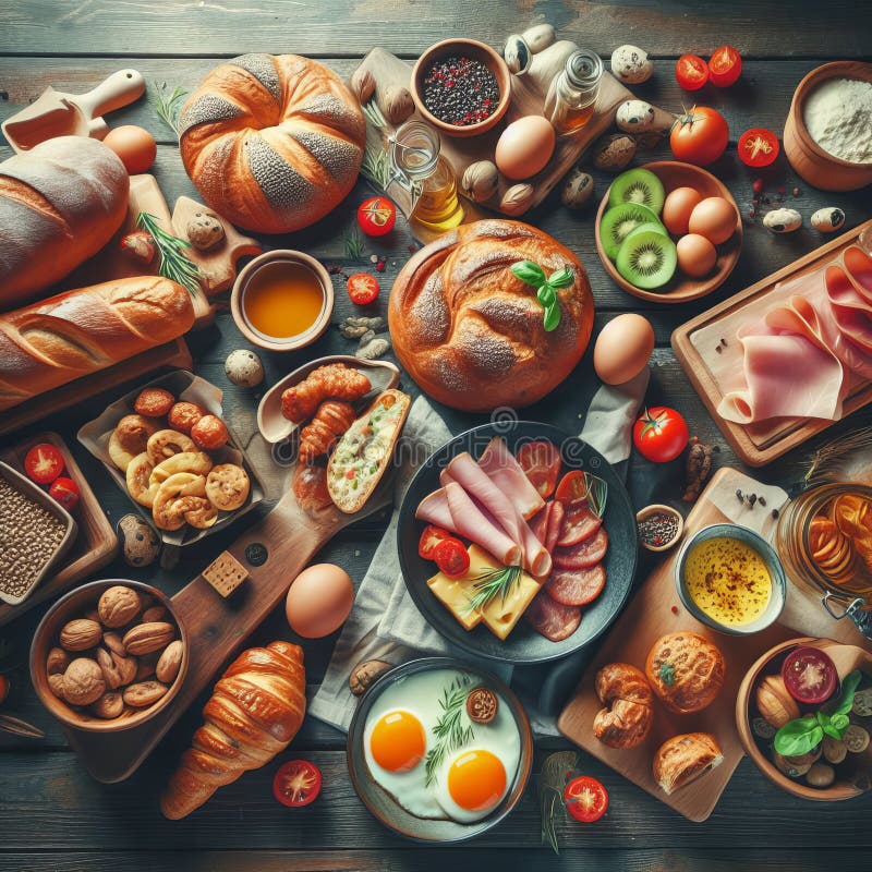 Delicious and Diverse Breakfast Spread with Various Foods Stock Photo ...