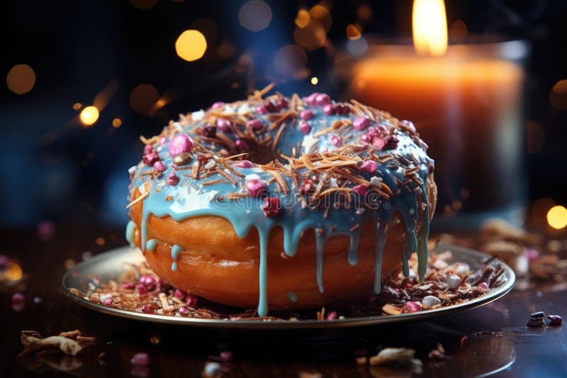 A Delicious Donut Flying with Fireworks I Stock Illustration ...