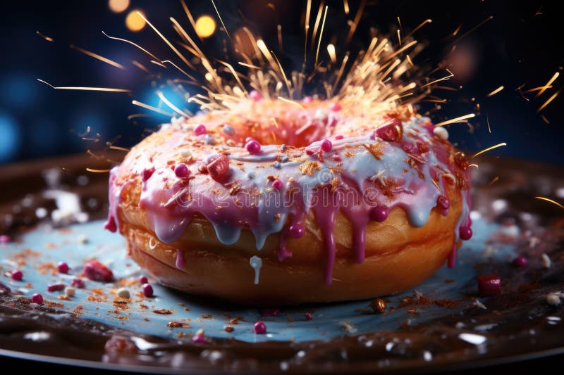 A Delicious Donut Flying with Fireworks I Stock Illustration ...