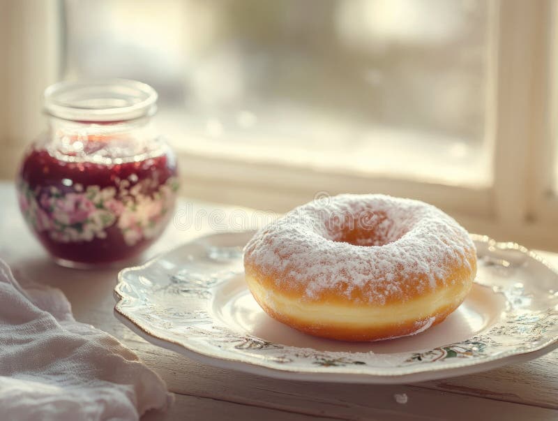 Delicious Donut with Powdered Sugar and Jam Stock Illustration - Illustration of sugar, cozy ...