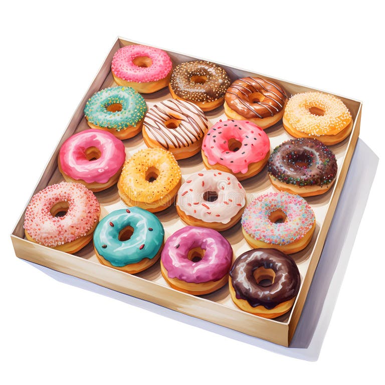 Watercolor Side View Angle Drawings of a Dozen of Sugar Donuts in a ...