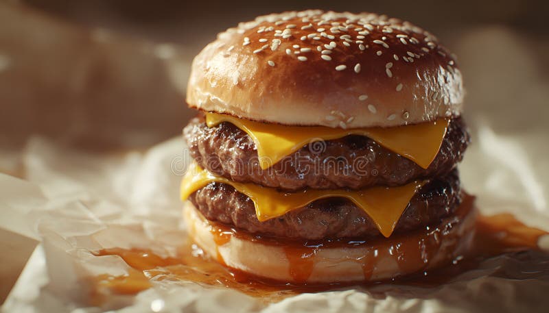 Delicious Double Beef Burger with Sesame Bun on White Paper Surface ...