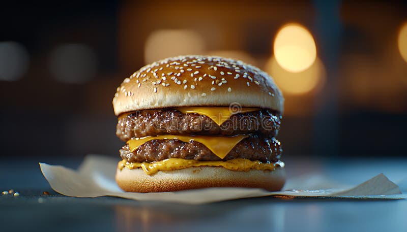 Delicious Double Beef Burger with Sesame Bun on White Paper Surface Stock Image - Image of ...