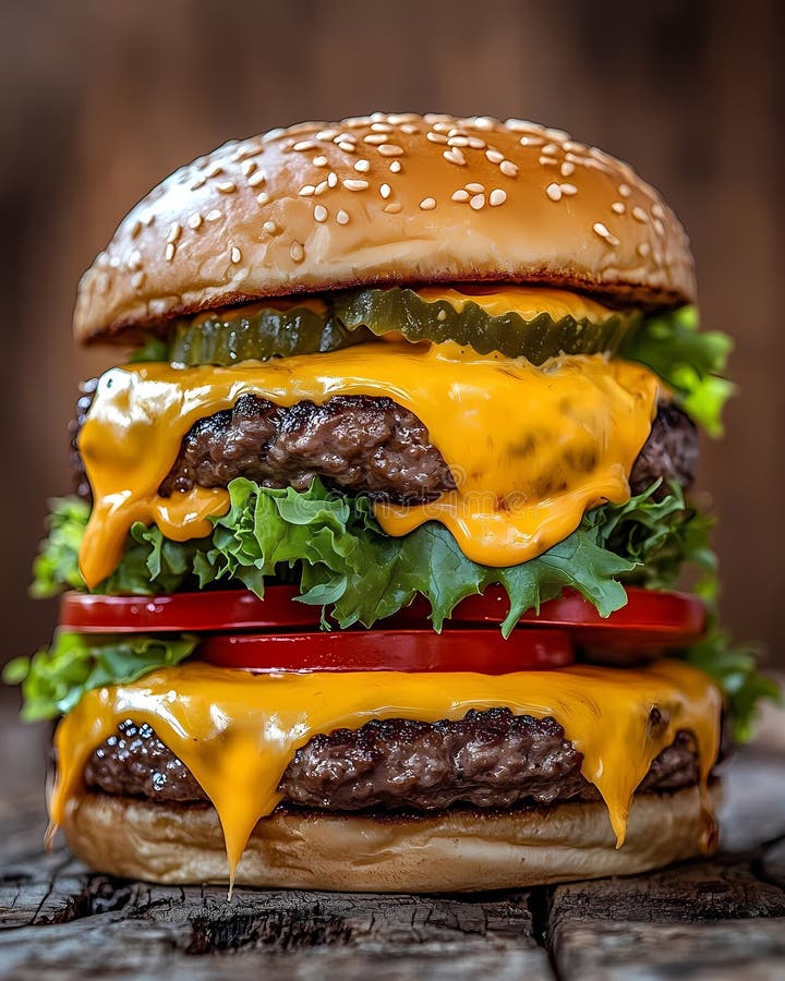 Delicious Double Burger Dripping with Melted Cheese and Toppings Stock ...