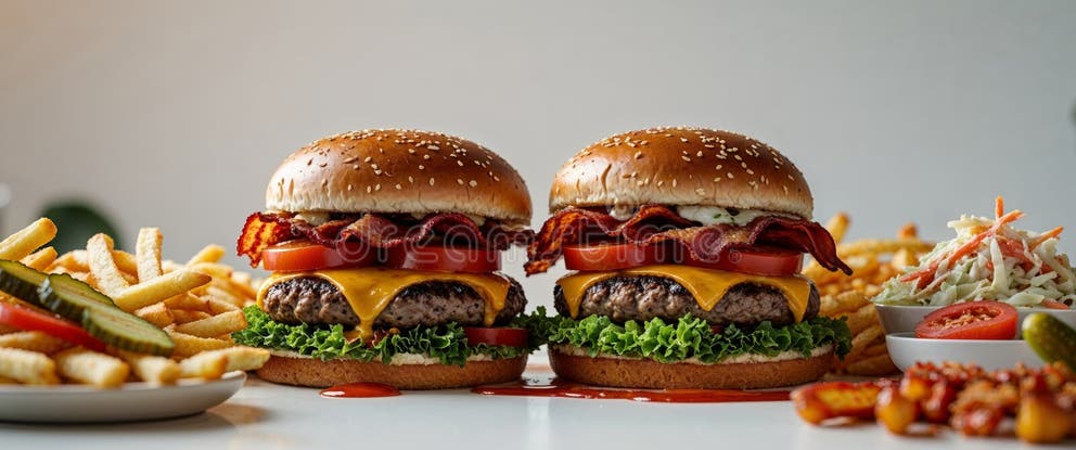 A Delicious Double Cheeseburger Feast with Many Sides Stock Image ...