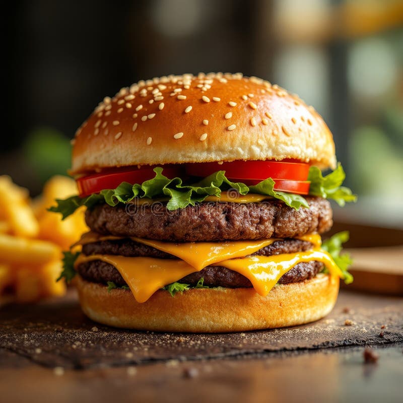 Delicious Double Cheeseburger with Fresh Lettuce, Tomato, and Melted Cheese Served with Crispy ...