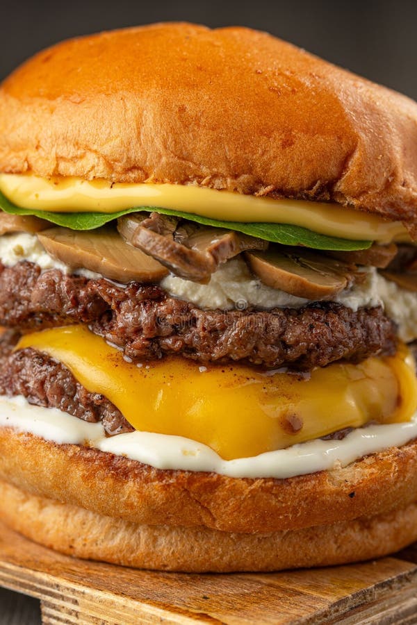 Delicious Double Cheeseburger with Melted Cheese and Salad on the Table ...