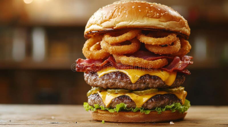 Delicious Double Cheeseburger Topped with Bacon and Onion Rings Stock Illustration ...