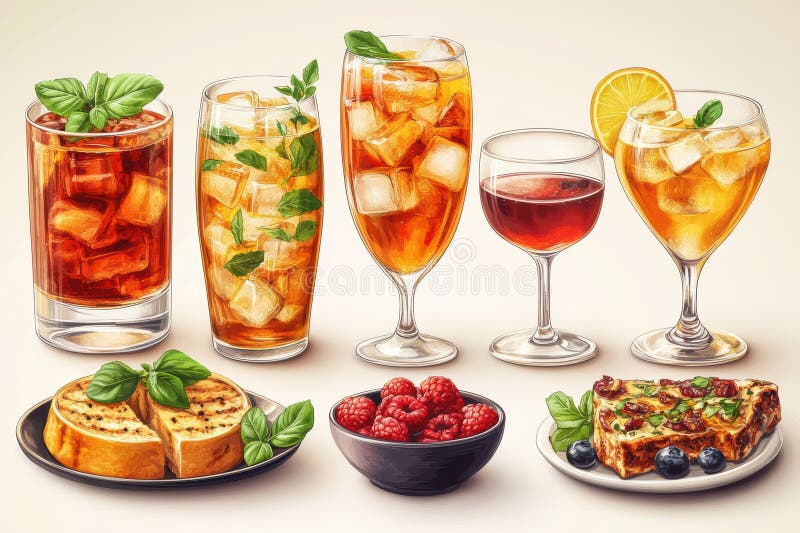 Delicious Drinks and Food stock illustration. Illustration of wine ...