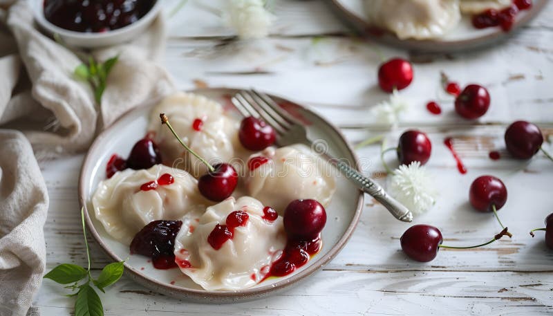 Delicious Dumplings with Cherries and Jam Stock Photo - Image of ...