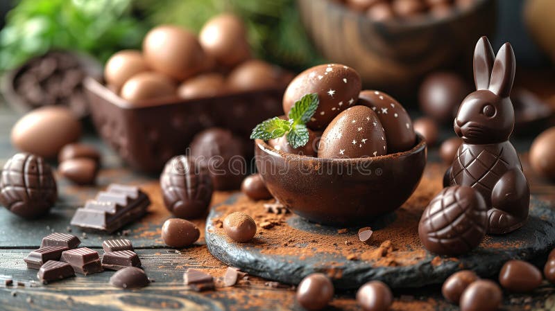 Delicious Easter Chocolates: Bunny and Eggs on Chocolate Stock ...