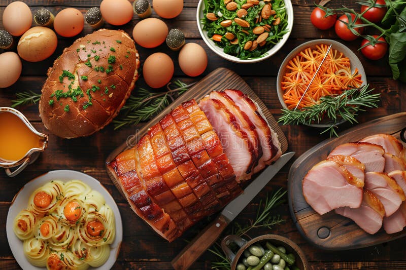 A Delicious Easter Dinner Spread with Glazed Ham, Bread, and Sides Stock Photo - Image of dinner ...