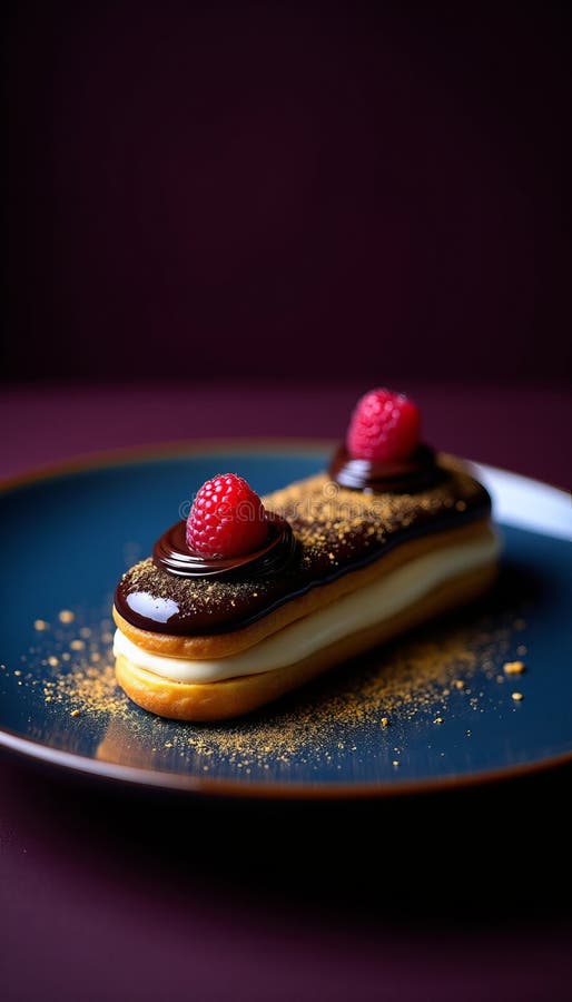Delicious Eclair with Chocolate Glaze Cream Filling Raspberry and ...