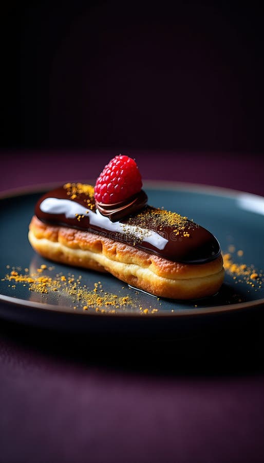 Delicious Eclair with Chocolate Glaze Cream Filling Raspberry and Chocolate Garnish Stock ...