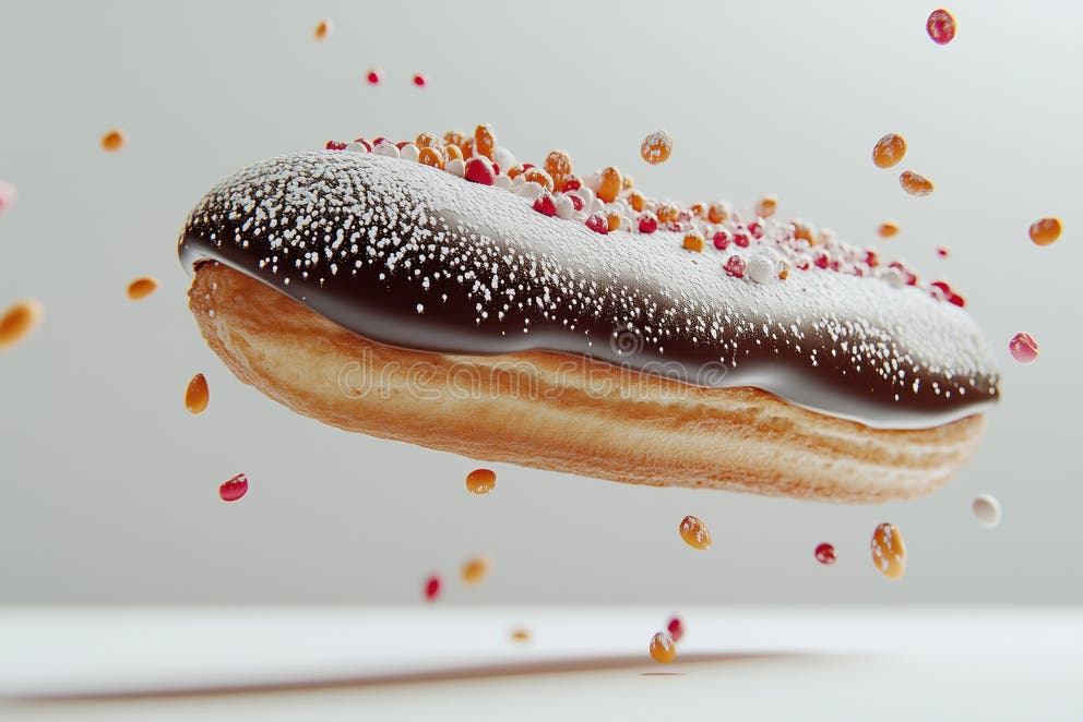 Delicious Eclair Floating with Falling Sprinkles, Chocolate and Sweet ...