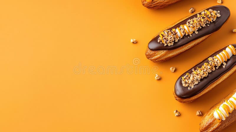 Delicious Eclairs with Chocolate and Caramel Toppings on Orange ...