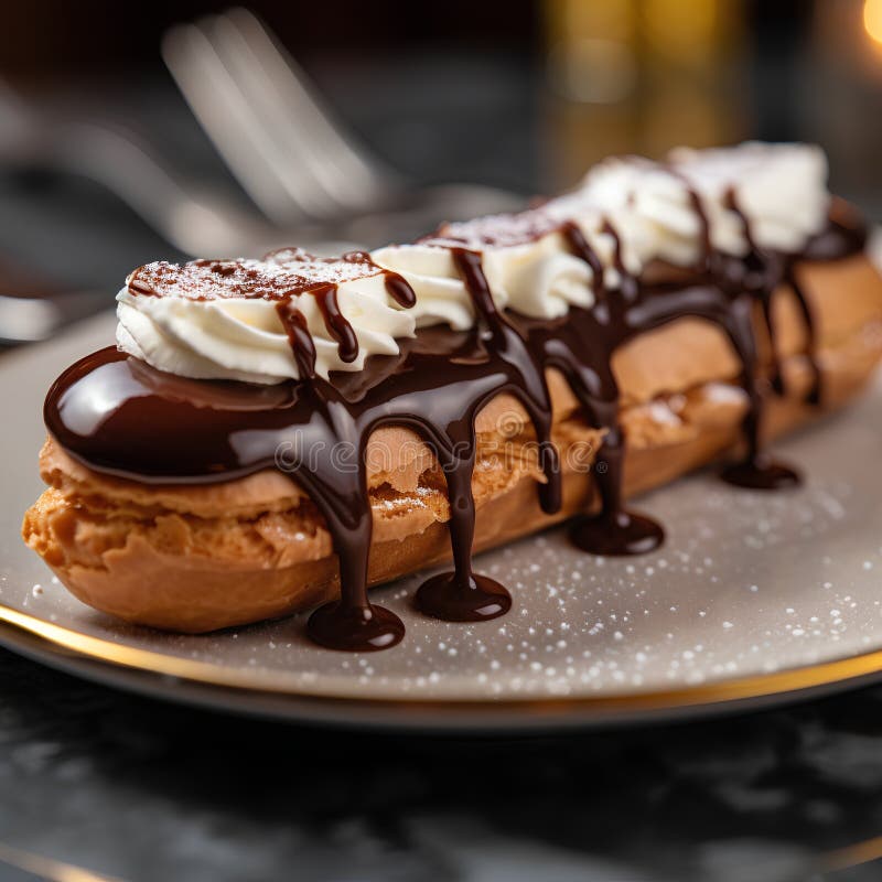 Delicious Eclairs with Chocolate and Whipped Cream on a Plate. Stock ...