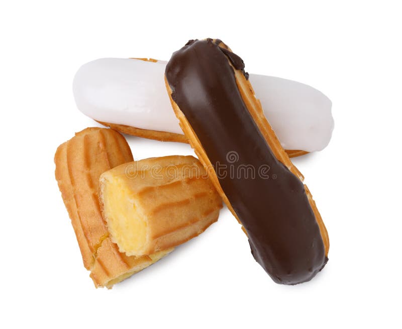 Delicious Eclairs Isolated on White, Top View Stock Photo - Image of ...