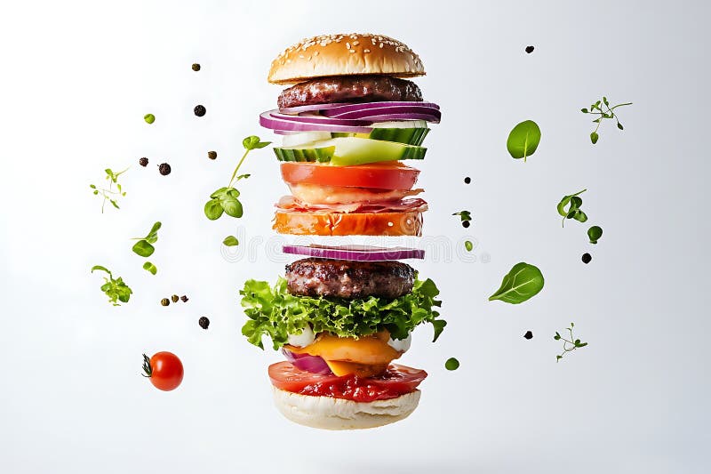 Delicious Exploded Burger with Fresh Ingredients and Herbs Stock ...