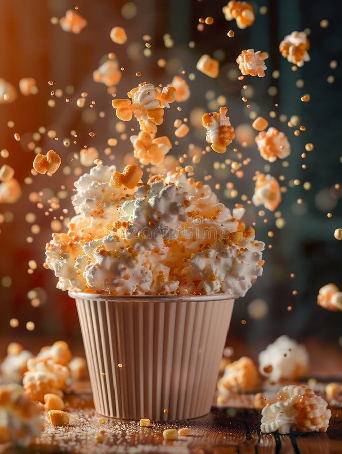 Delicious Exploding Caramel Popcorn in Paper Cup with Dynamic Motion on ...