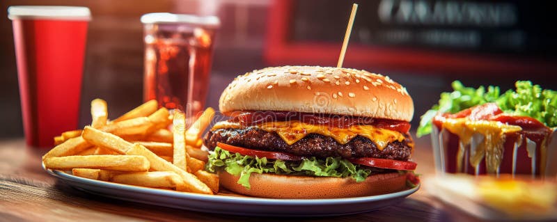 Delicious Fast Food Meal Featuring Hamburger, Fries, and Soft Drinks ...