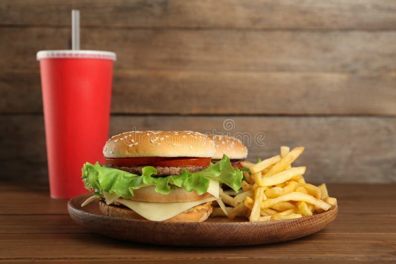 Delicious Fast Food Menu on Wooden Table Stock Photo - Image of copy ...