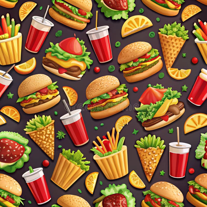 Delicious Fast Food Pattern Stock Illustration - Illustration of ...