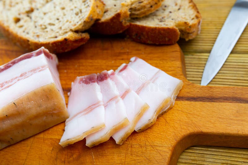 Sliced Lard Served with Bread Stock Photo - Image of kitchen, plate ...