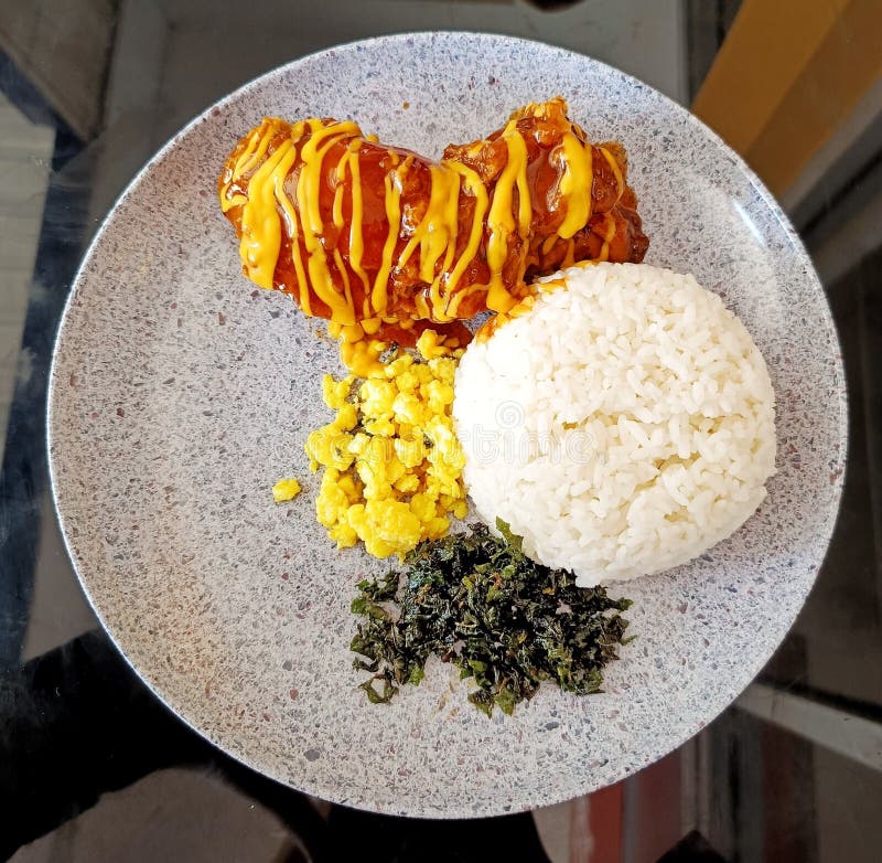 Delicious Fire Chicken Rice Scrambled Egg Fried Spinach Stock Photos ...