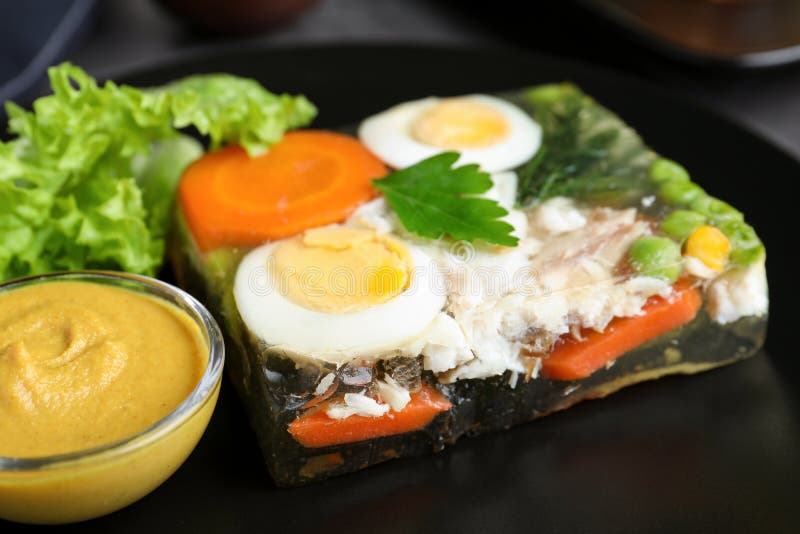 Delicious Fish Aspic with Mustard on Plate, Closeup Stock Image - Image ...
