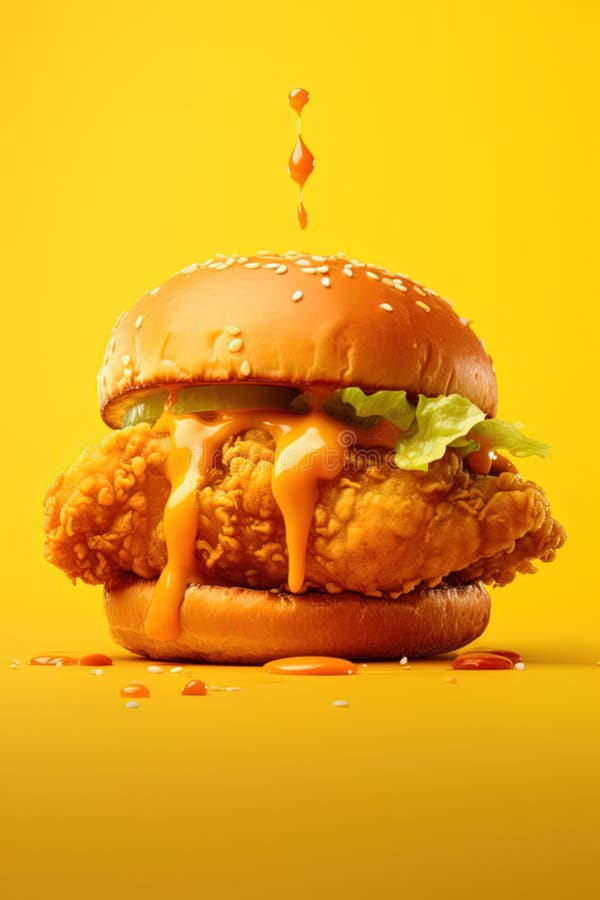 Delicious Fish Burger with Vegetables, Yellow Background. Generative AI ...