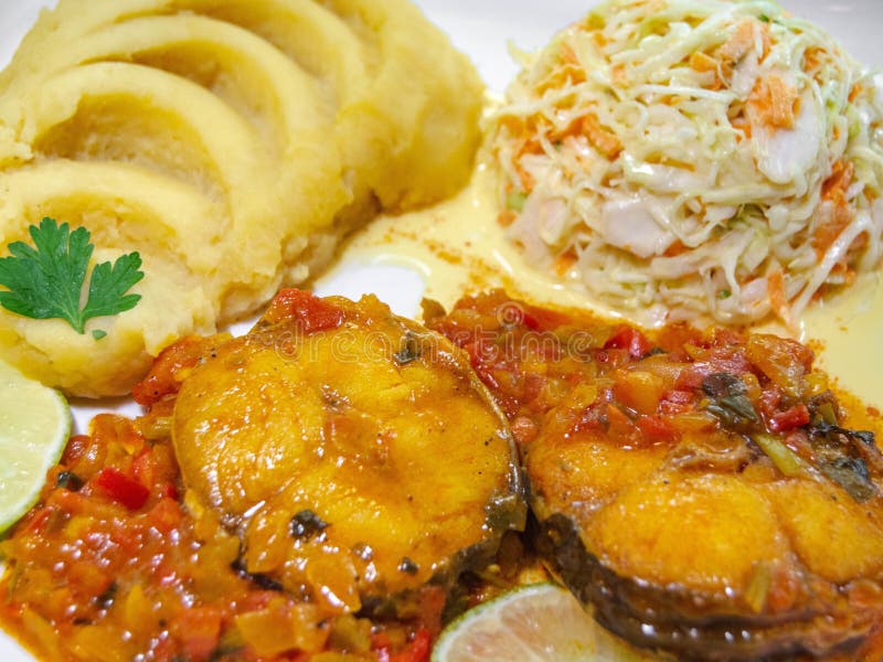 Delicious Fish Served with Mashed Potatoes and Vegetable Salad Stock ...