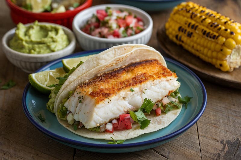 Delicious Fish Taco with Guacamole and Fresh Salsa Stock Illustration ...