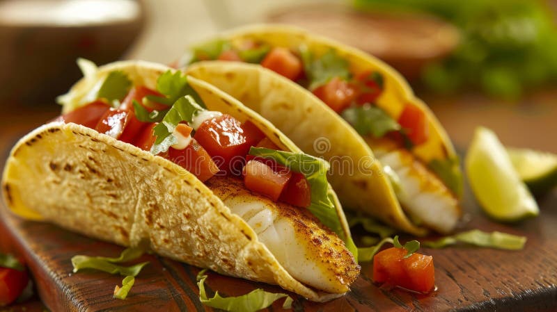 Delicious Fish Tacos with Fresh Toppings on a Rustic Wooden Board Stock ...