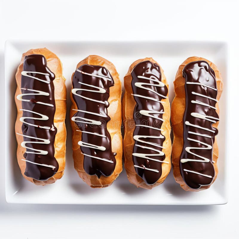 Delicious Five Chocolate Eclairs with Coffee on White Background Stock ...