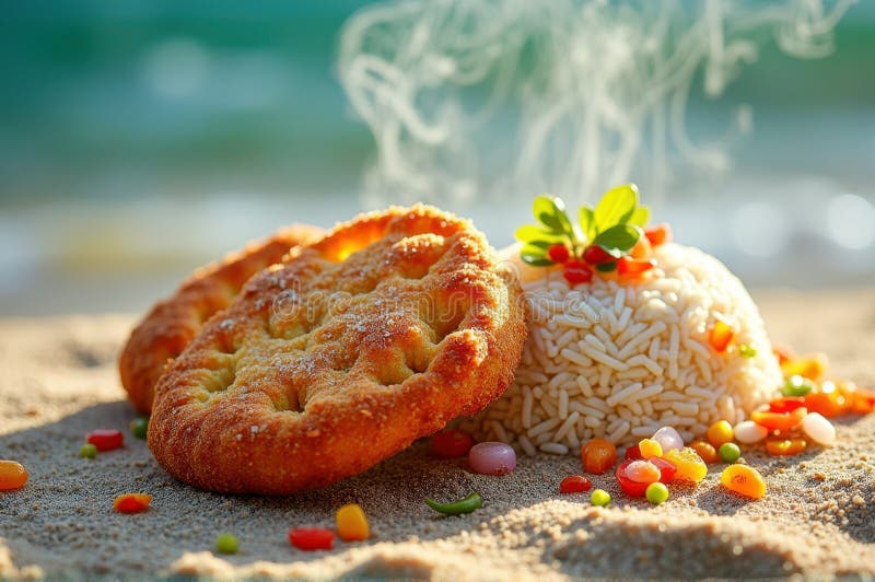 Delicious Flatbread and Rice with Vegetables on Sandy Beach at Sunrise ...