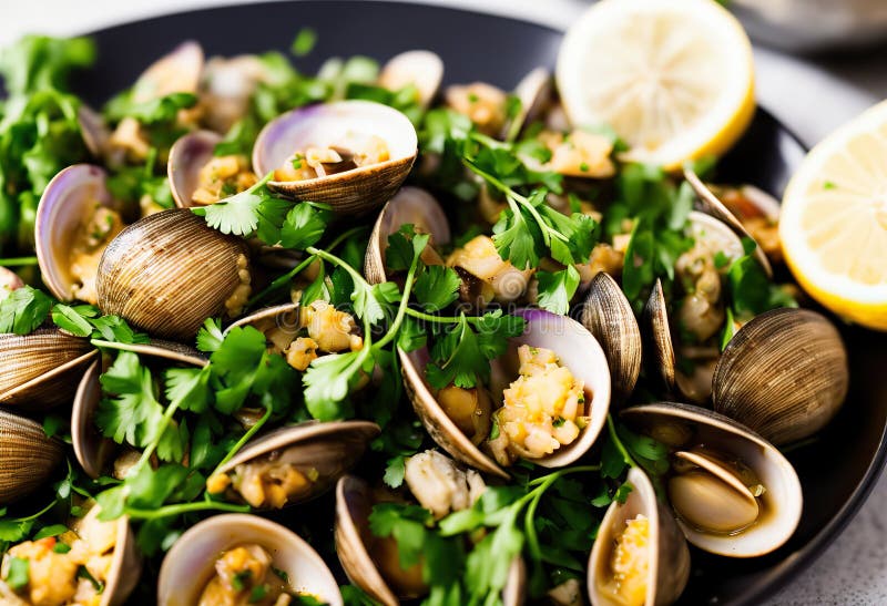 Delicious Flavors of the Sea: Clams with Cilantro and Lemon Stock Photo ...
