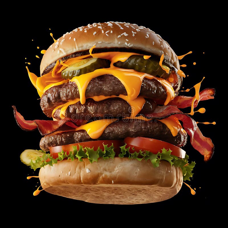 Delicious Floating Burger with Dripping Cheese and Various Ingredients ...