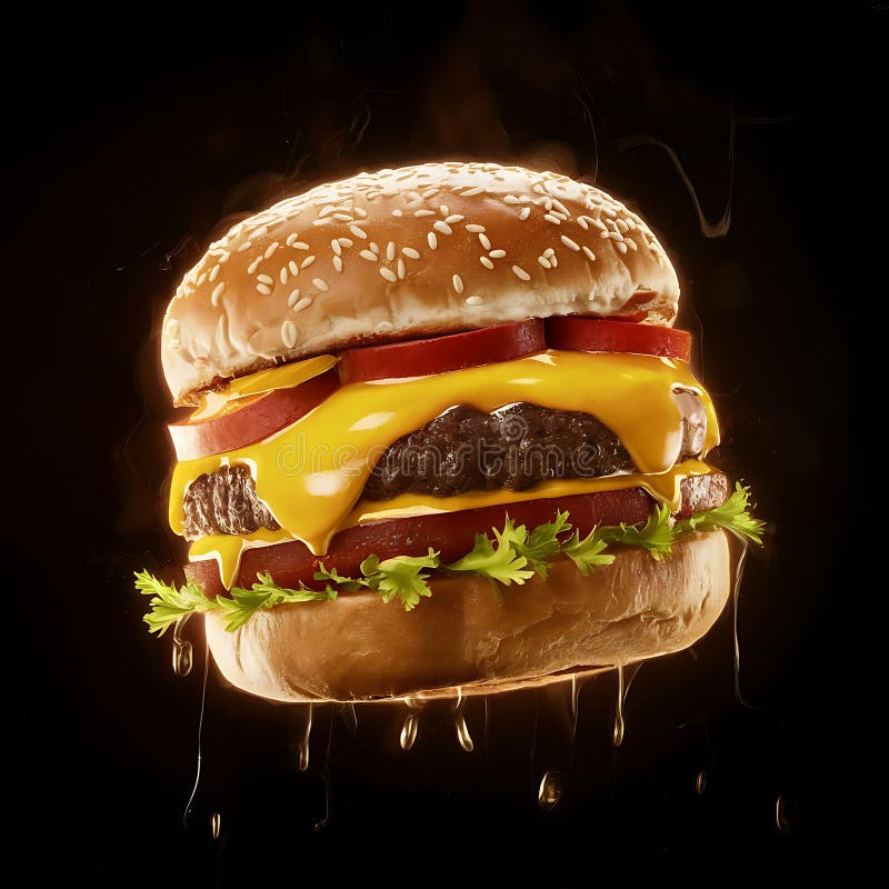 Delicious Floating Burger with Dripping Cheese and Various Ingredients ...