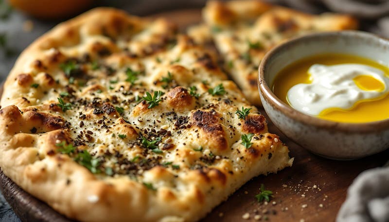 Delicious Fluffy Flatbread with Herbs and Creamy Dip on Wooden Board ...