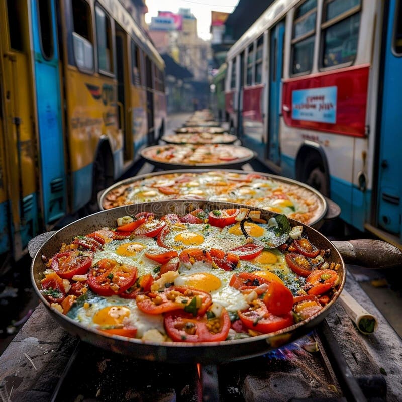 Delicious Food Pan Surrounded by Parked Buses Stock Illustration ...