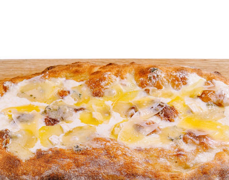 Delicious Four Cheese Pizza Lying on Wooden Board Stock Image - Image ...